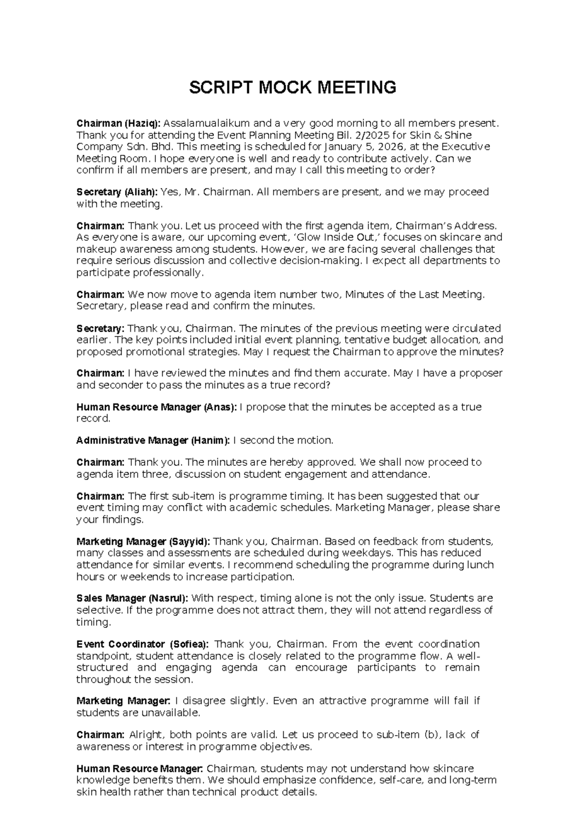 Mock Meeting Script for Event Planning - Skin Shine Co. Sdn. Bhd. - Studocu