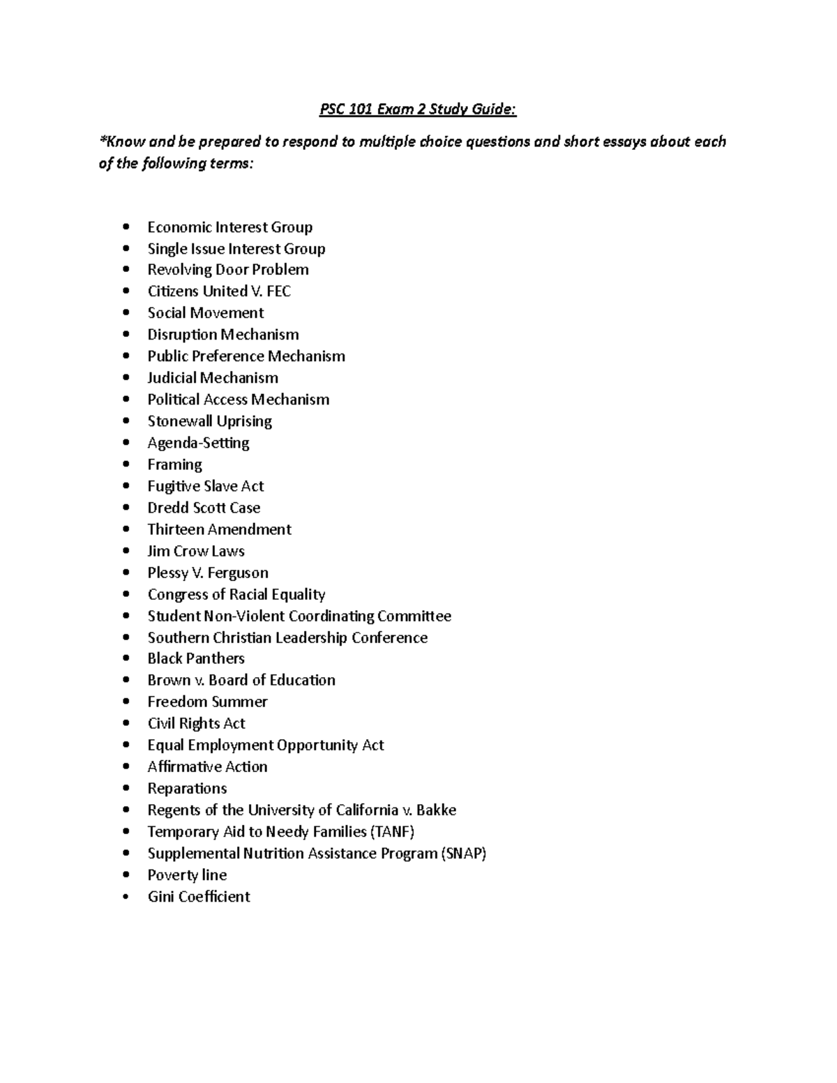 PSC 101 Exam 2 Comprehensive Study Guide on Key Terms - Studocu