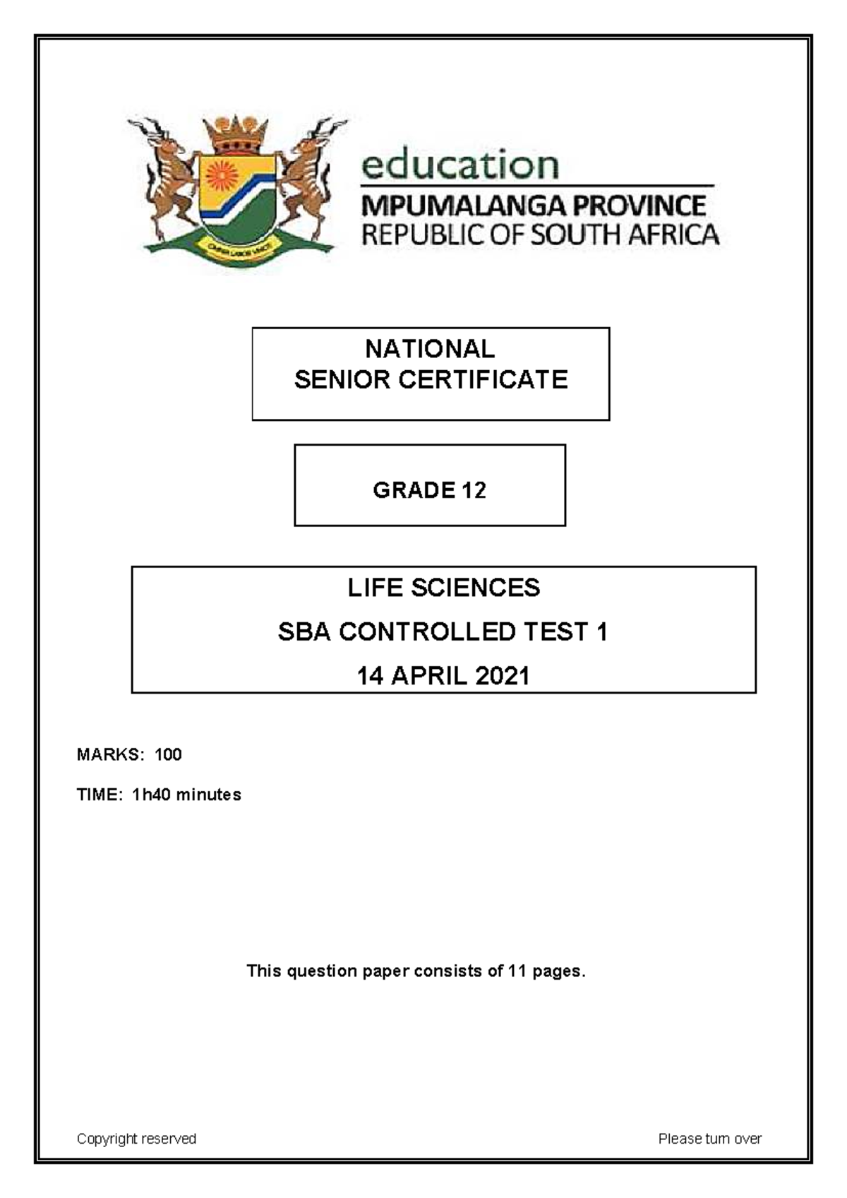 Grade 12 March Control TEST 2021 QP - Copyright reserved Please turn ...