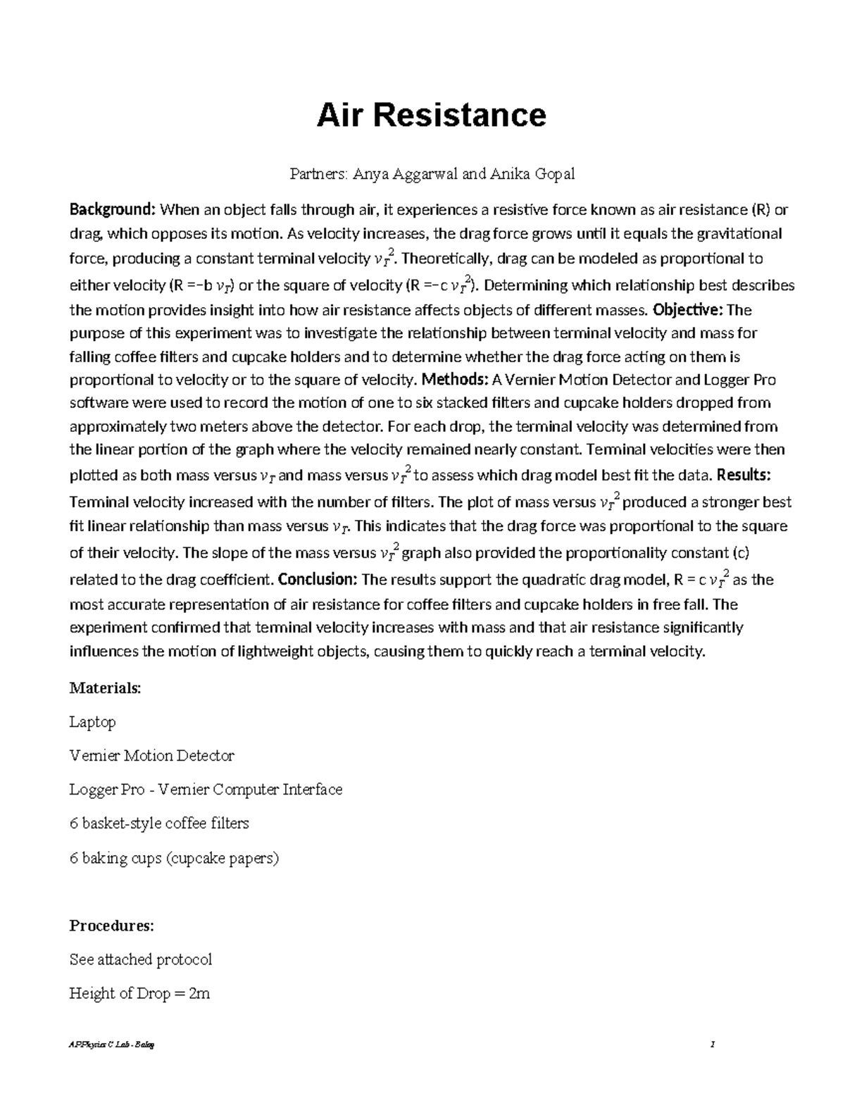 AP Physics C Lab: Air Resistance Experiment Analysis - Studocu