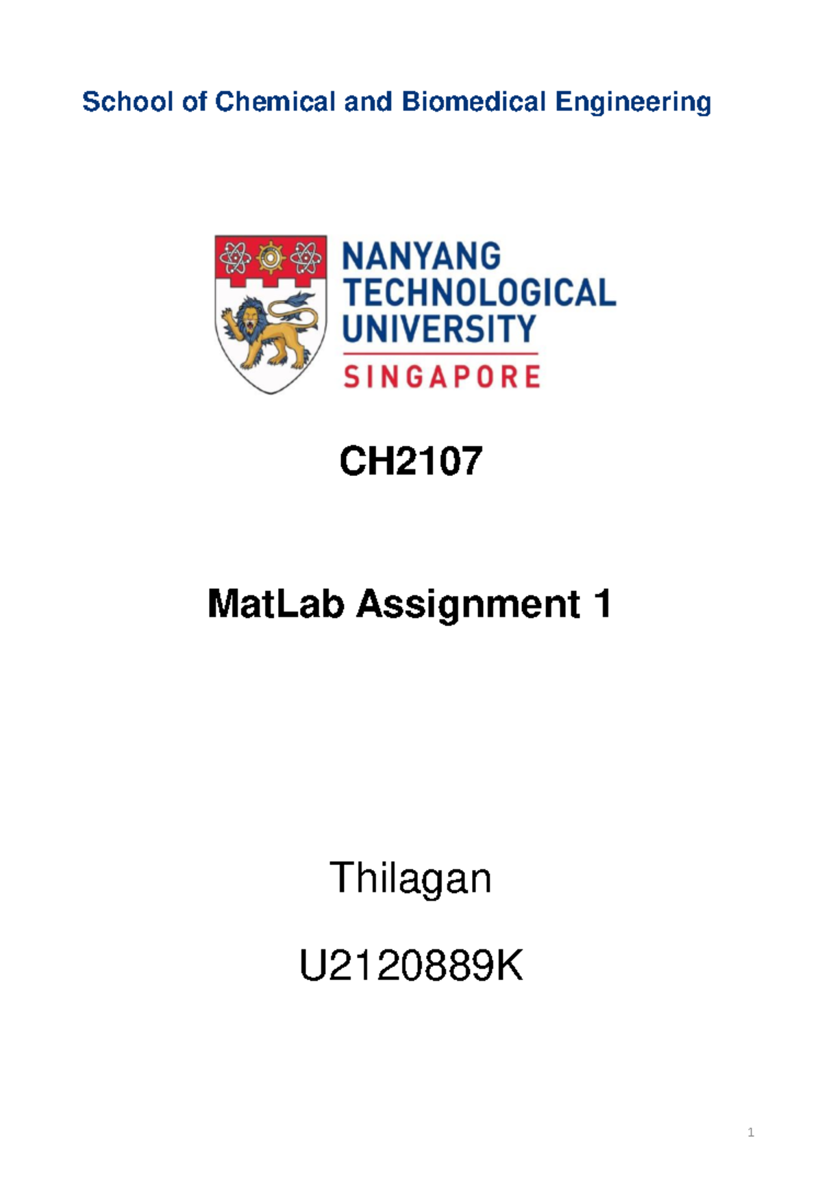 MATLAB Assignment 1 Solutions for CH Course - Thilagan U2120889K - Studocu