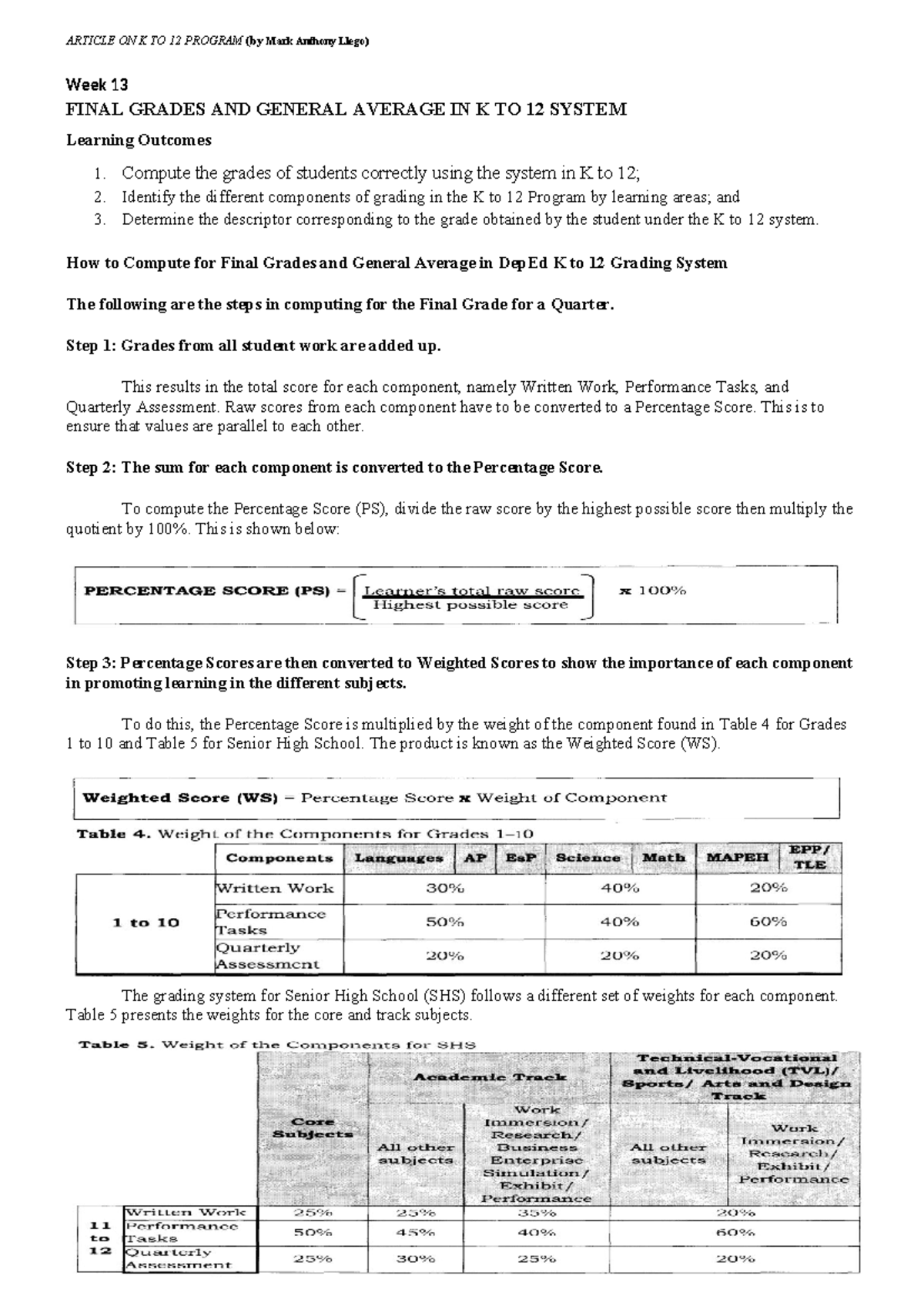 FINAL GRADES AND AVERAGE COMPUTATION IN K TO 12 SYSTEM - Studocu