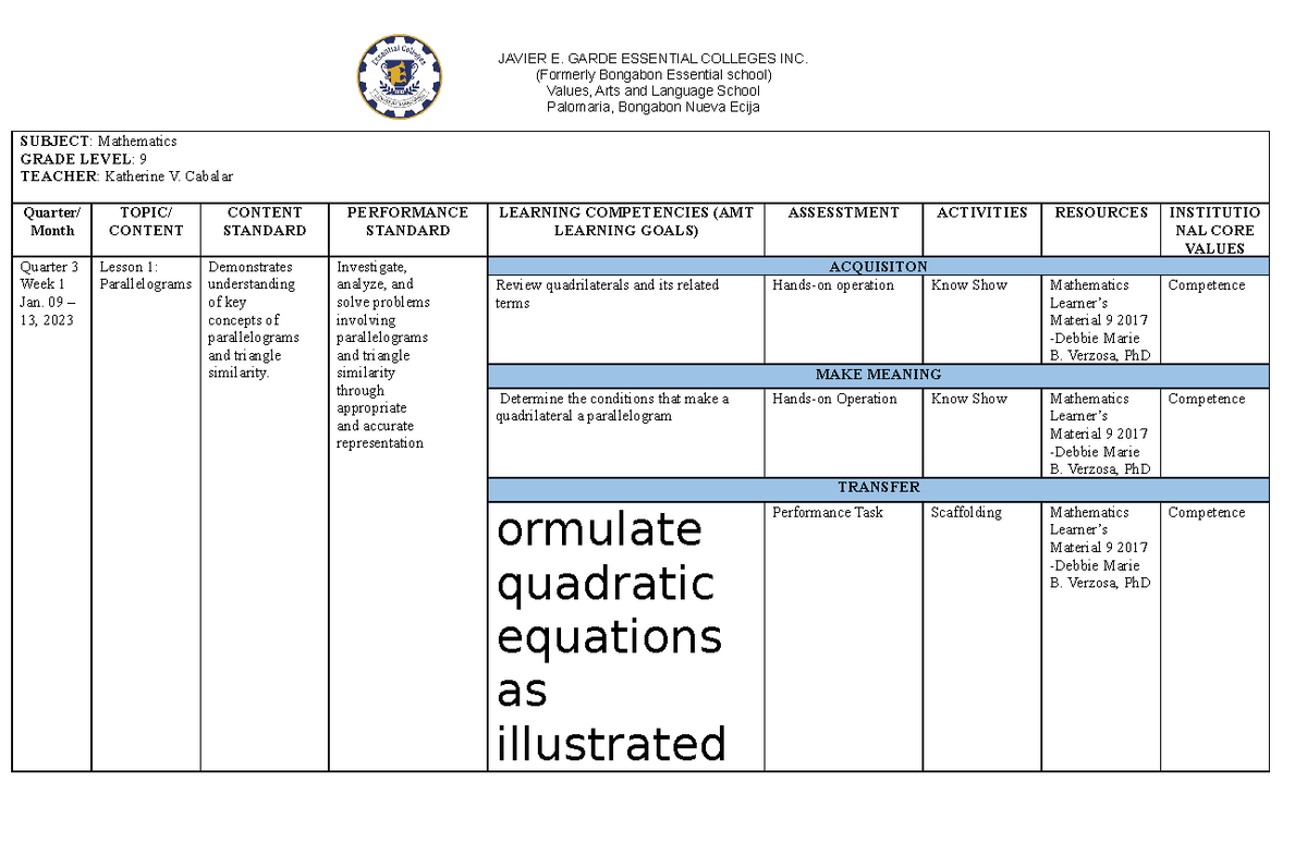 Q3 Maths Curriculum Map G9: Week 1 - Parallelograms & Similarity - Studocu