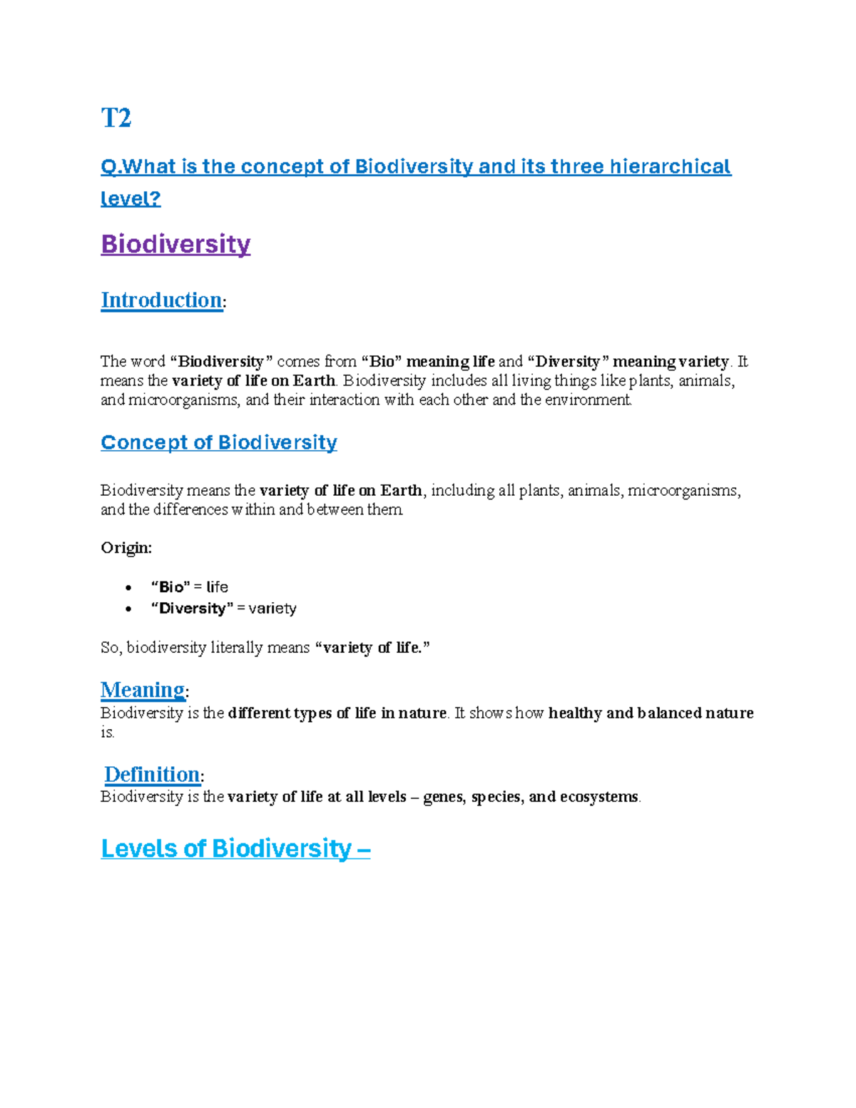 T2 - Understanding Biodiversity: Levels and Importance - Studocu