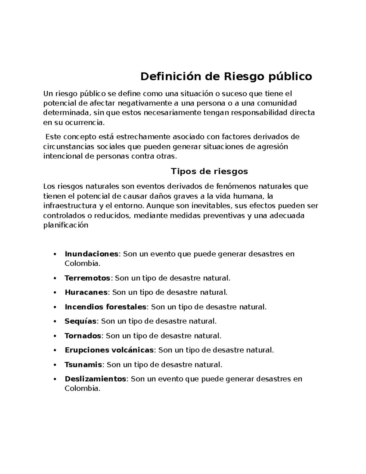 Definición y Tipos de Riesgo Público: Análisis y Clasificación - Studocu