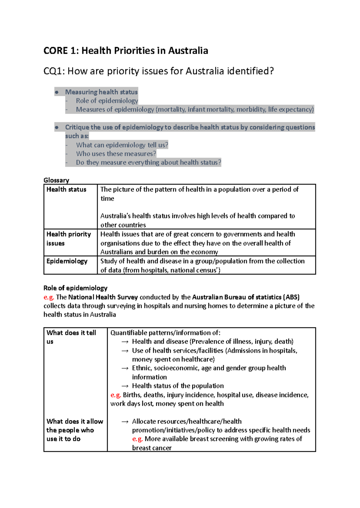 CORE 1: Health Priorities in Australia - CQ1 Study Notes - Studocu