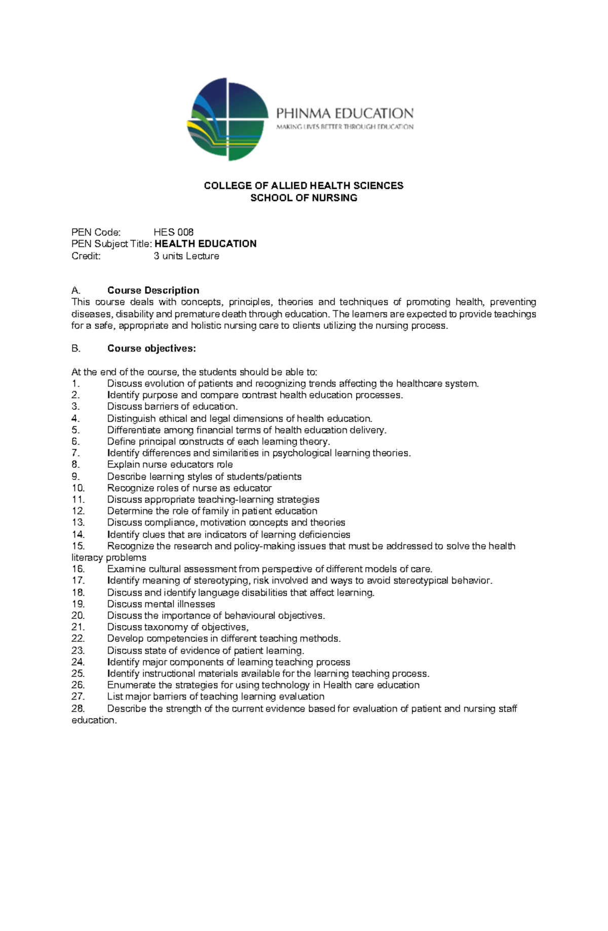 Health Education Course Outline - COLLEGE OF ALLIED HEALTH SCIENCES ...