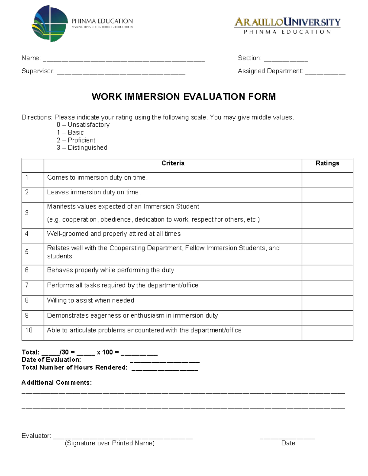 WORK IMMERSION EVALUATION FORM: Student Assessment Criteria - Studocu