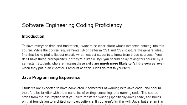 CS1/CS2 Software Engineering Coding Proficiency Requirements - Studocu