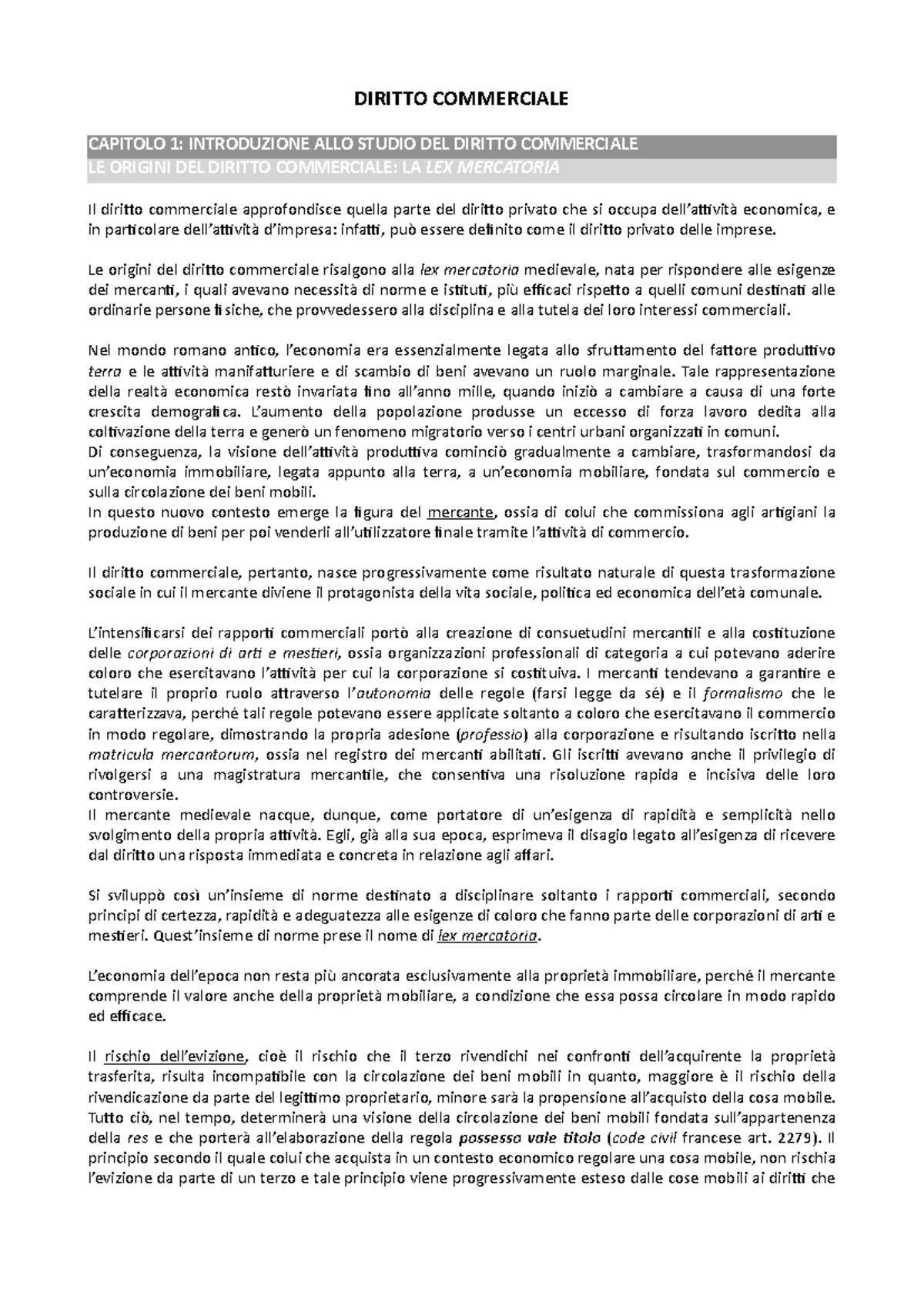 DIRITTO COMMERCIALE - CAPITOLO 1: INTRODUZIONE E ORIGINI DEL DIRITTO ...