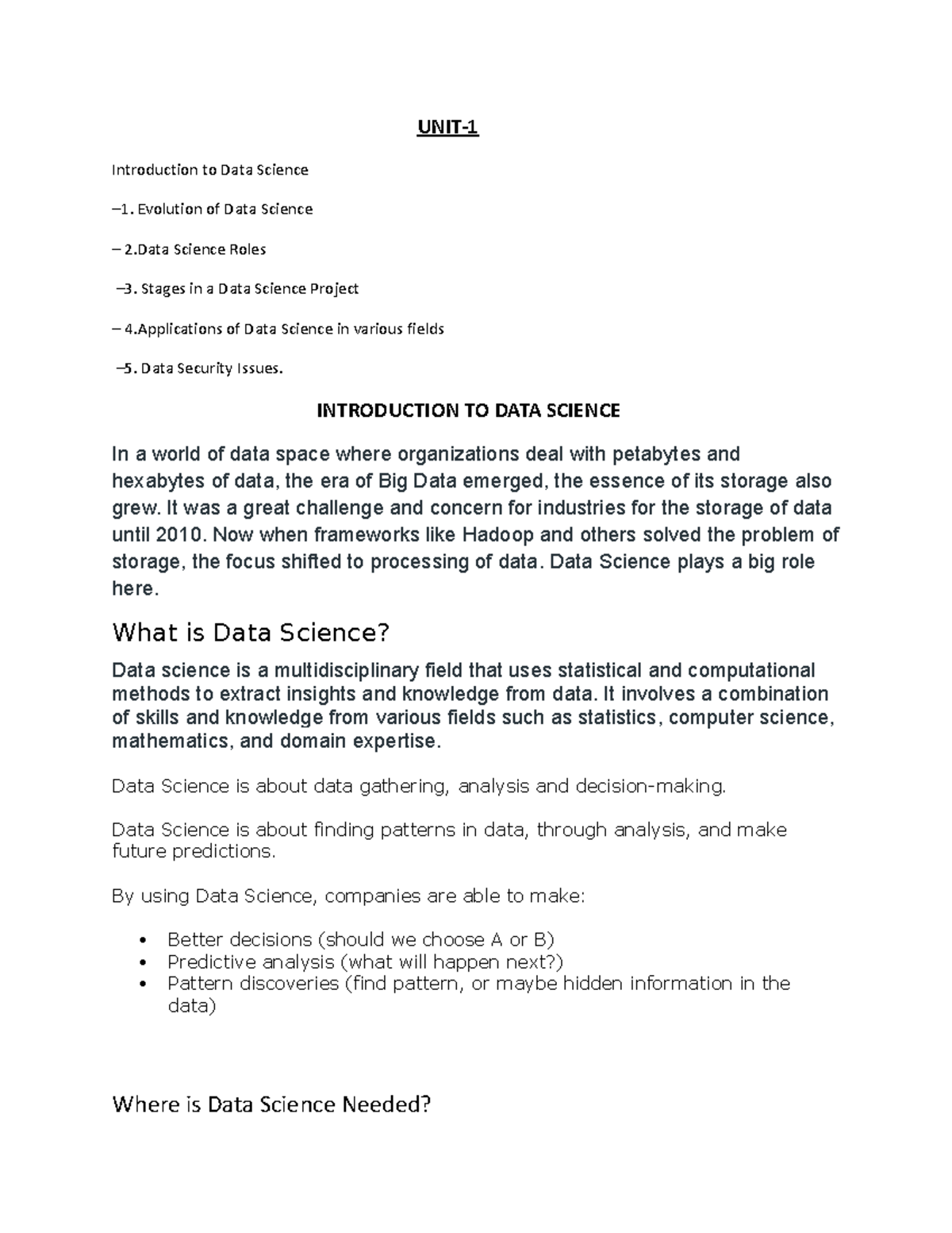 DS UNIT-1: Intro to Data Science, Roles, Stages, & Applications - Studocu