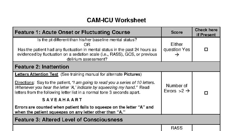 Delirium CAM ICU Assessment Tool: Worksheet for Features Evaluation ...
