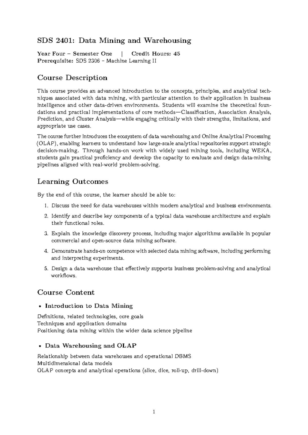 SDS 2401: Advanced Data Mining & Warehousing Techniques - Studocu
