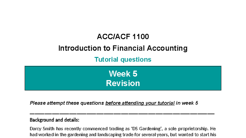 1100 Financial Accounting Week 5 Tutorial Questions & Revision - Studocu