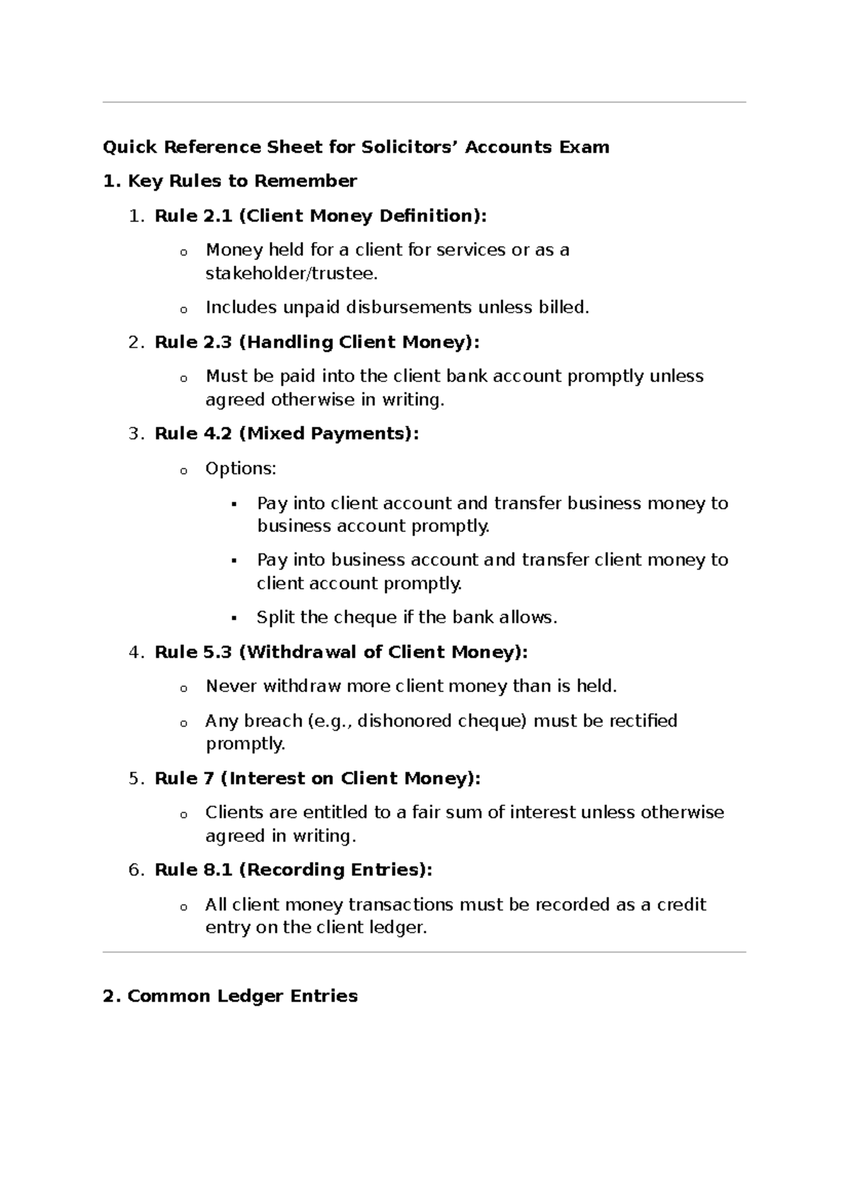 Quick Reference Sheet for Solicitors - Key Rules to Remember 1. Rule 2 ...