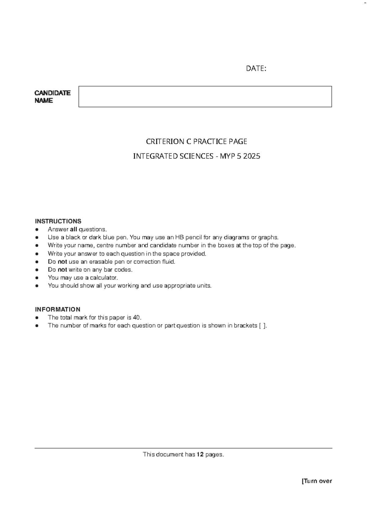 Criterion C practice page for integrated sciences MYP 5 2025 - Studocu