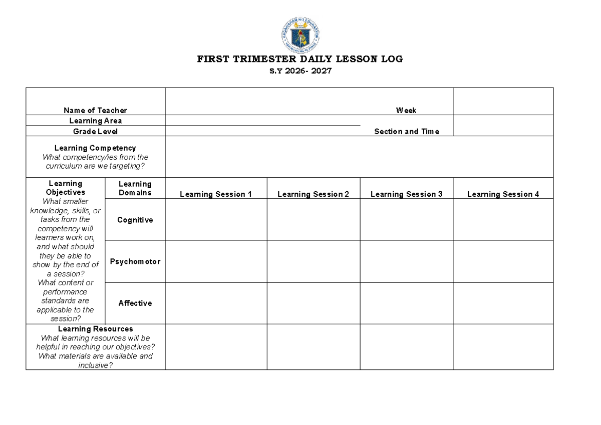 S.Y. 2027 First Trimester Daily Lesson Log for Science VI - Studocu