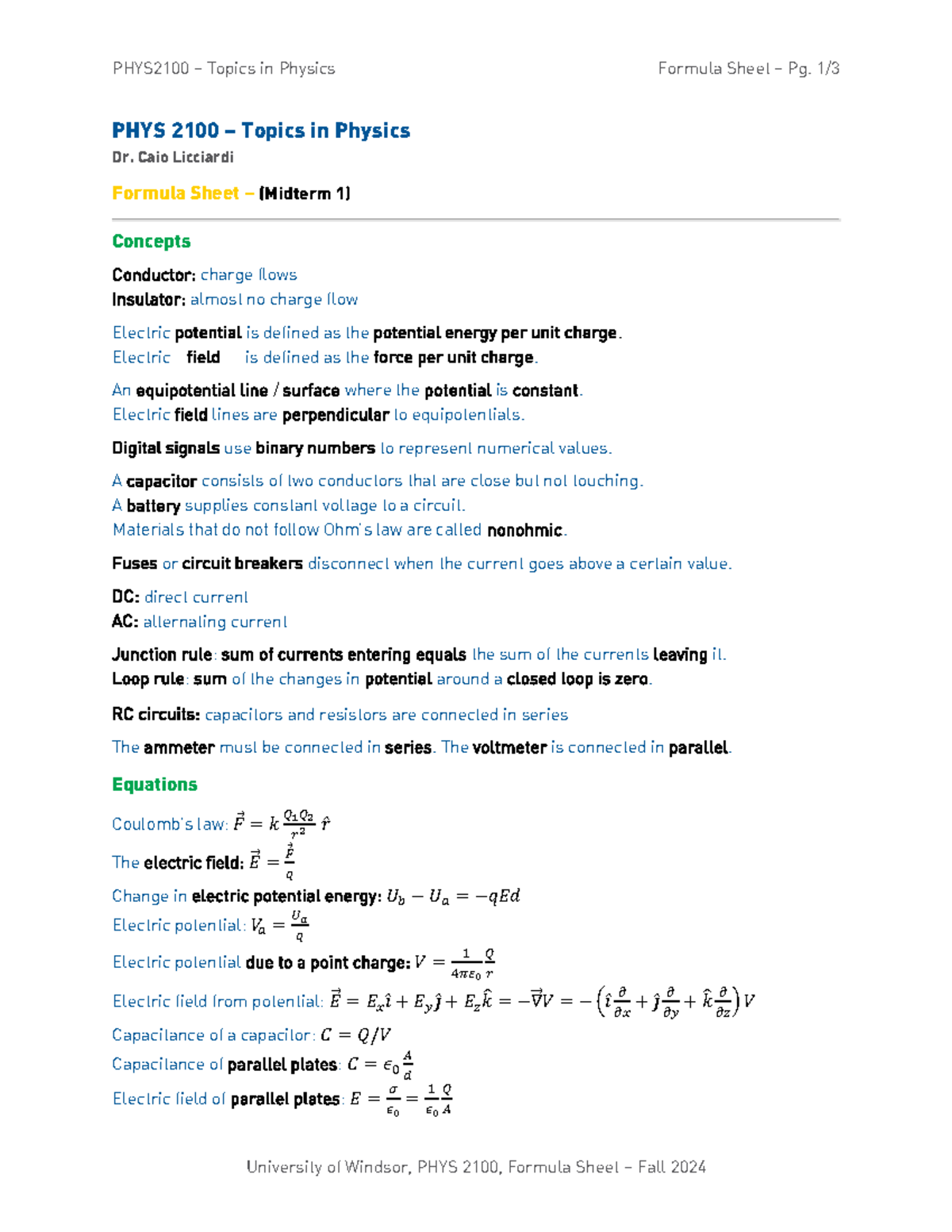 Formula Sheet-Mid1-Print - PHYS 2100 – Topics in Physics Formula Sheet ...