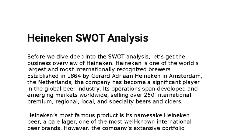 Heineken SWOT Analysis: Business Overview and Strategic Insights - Studocu