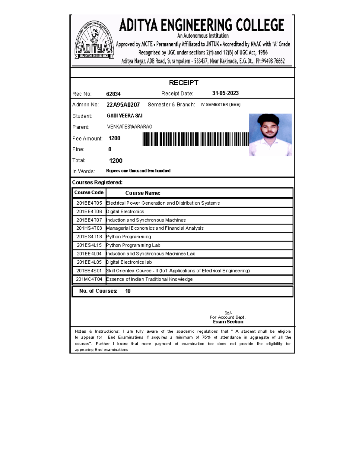 Receipt for IV Semester Courses - 201EE4T05 to 201MC4T04 - Studocu