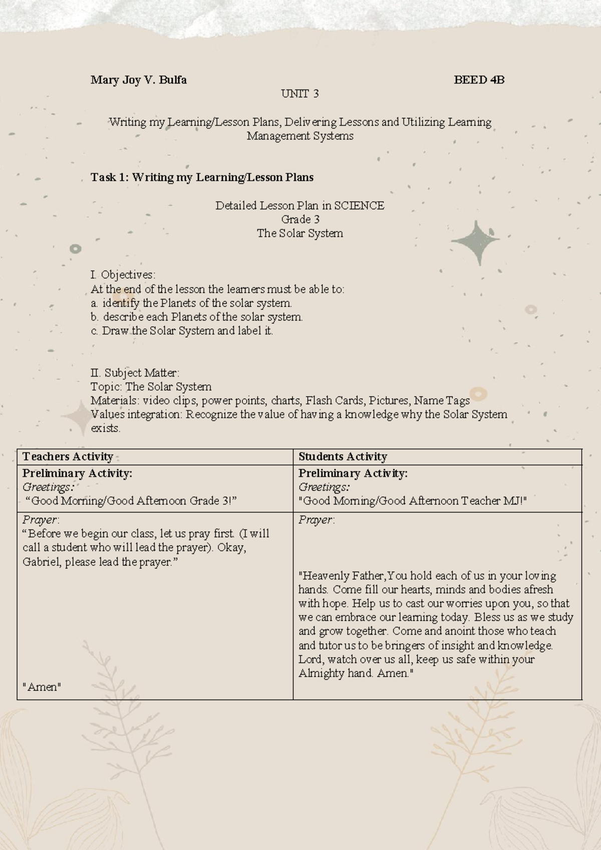 FS2 U3: Lesson Plan on The Solar System for Grade 3 Science - Studocu