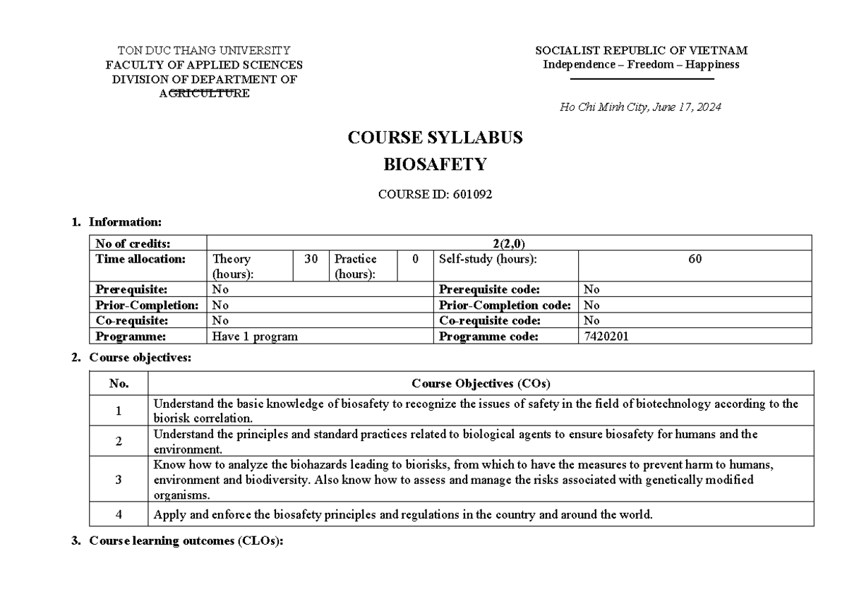 Course Syllabus: Biosafety (601092) - Overview and Objectives - Studocu