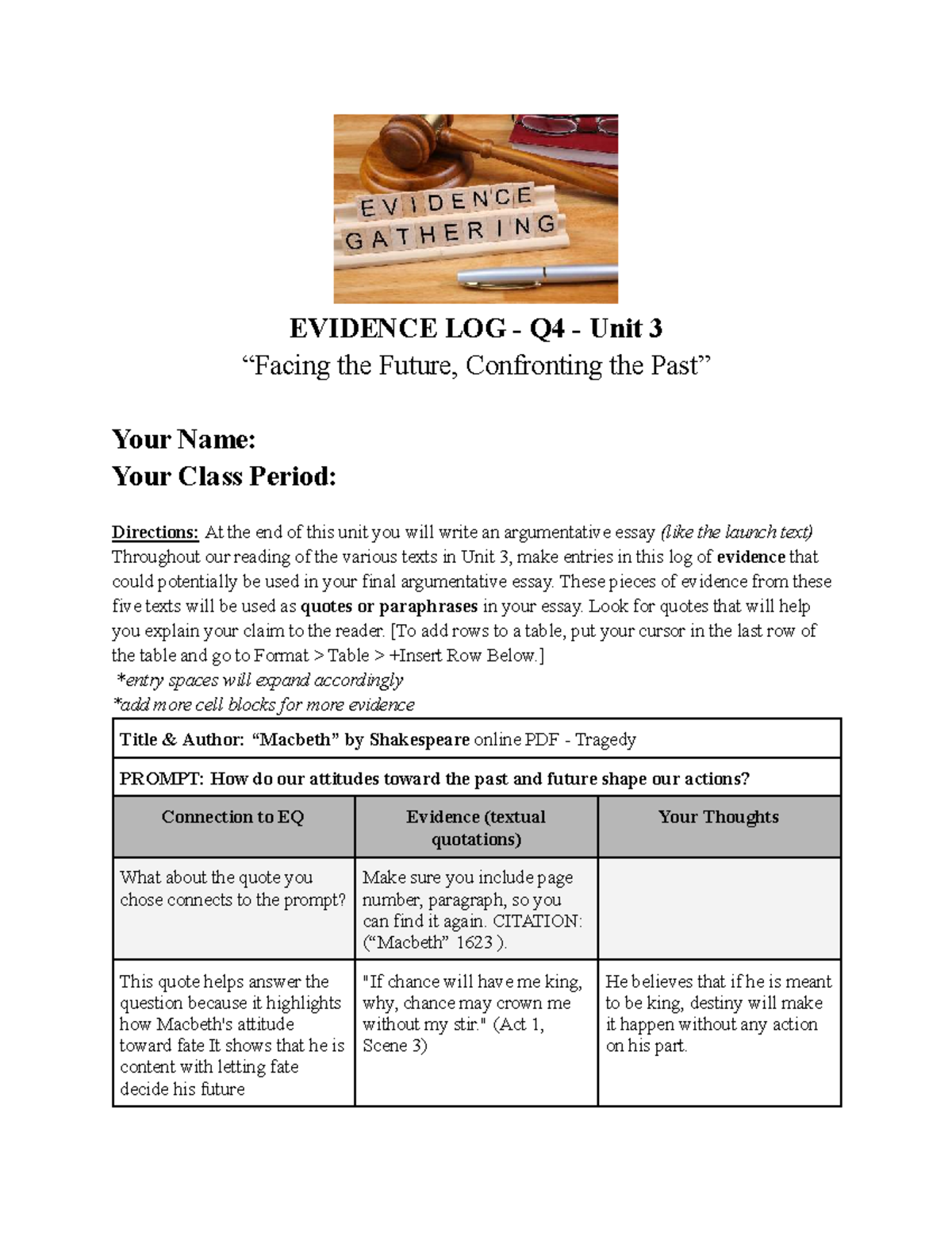 ENG 12 - Evidence Log - Q4 - Act 1 - EVIDENCE LOG - Q4 - Unit 3 “Facing ...
