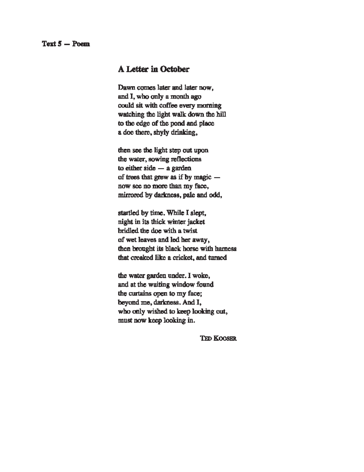 Kooser - Text 5 Poem Analysis: A Letter in October - Studocu