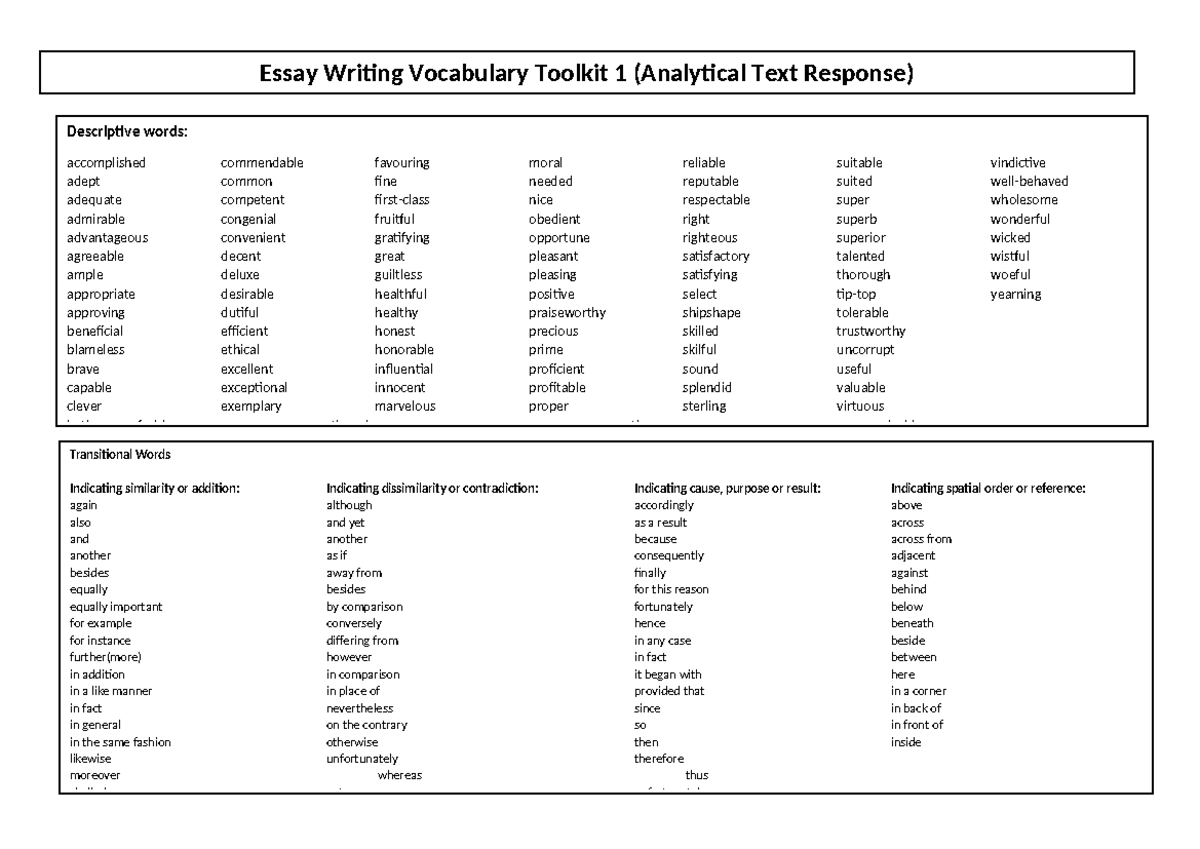 Essay Writing Vocabulary Toolkit 1: Word Bank for Analytical Text - Studocu
