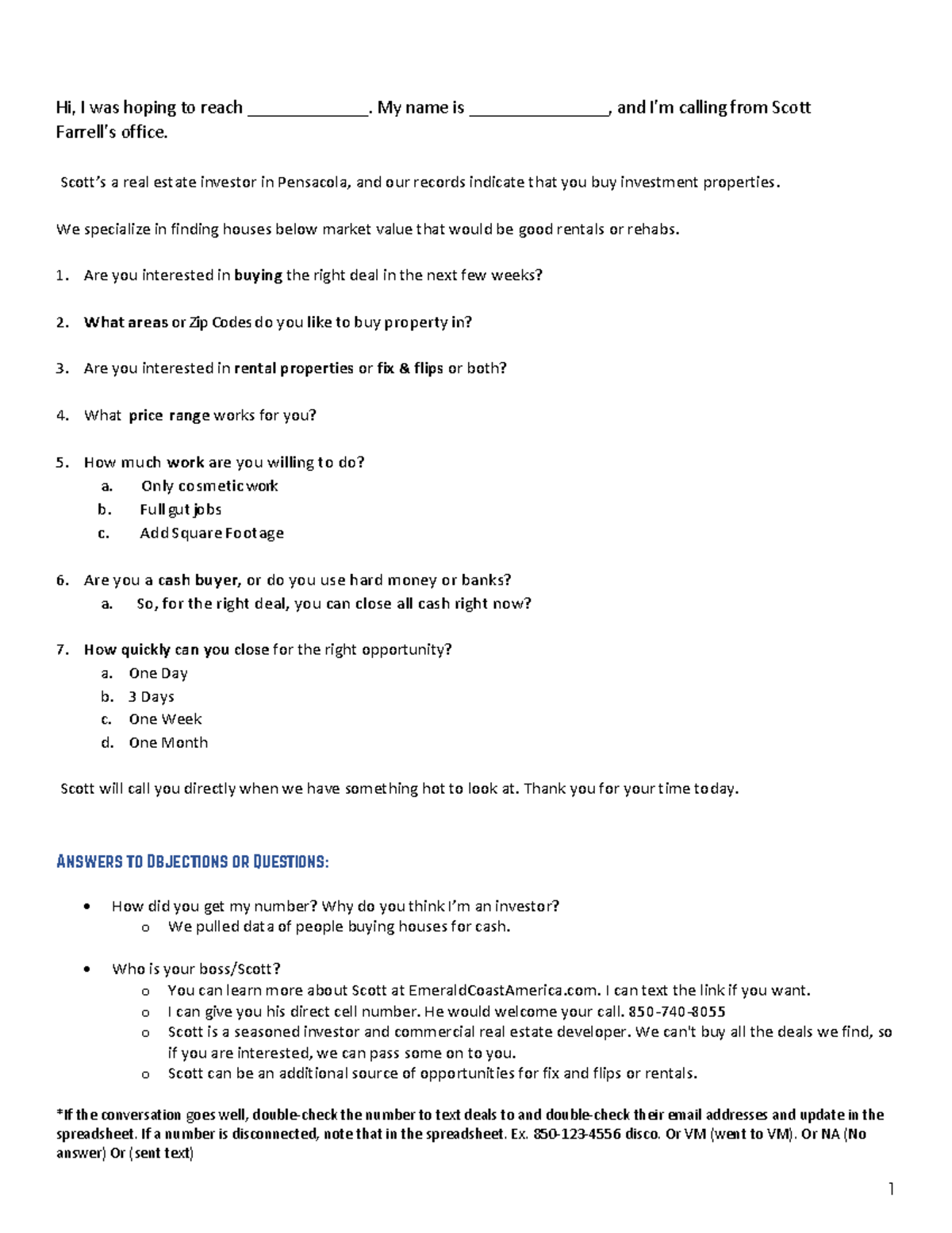 Cash Buyer Script for Real Estate Investment Prospects v2.0 - Studocu