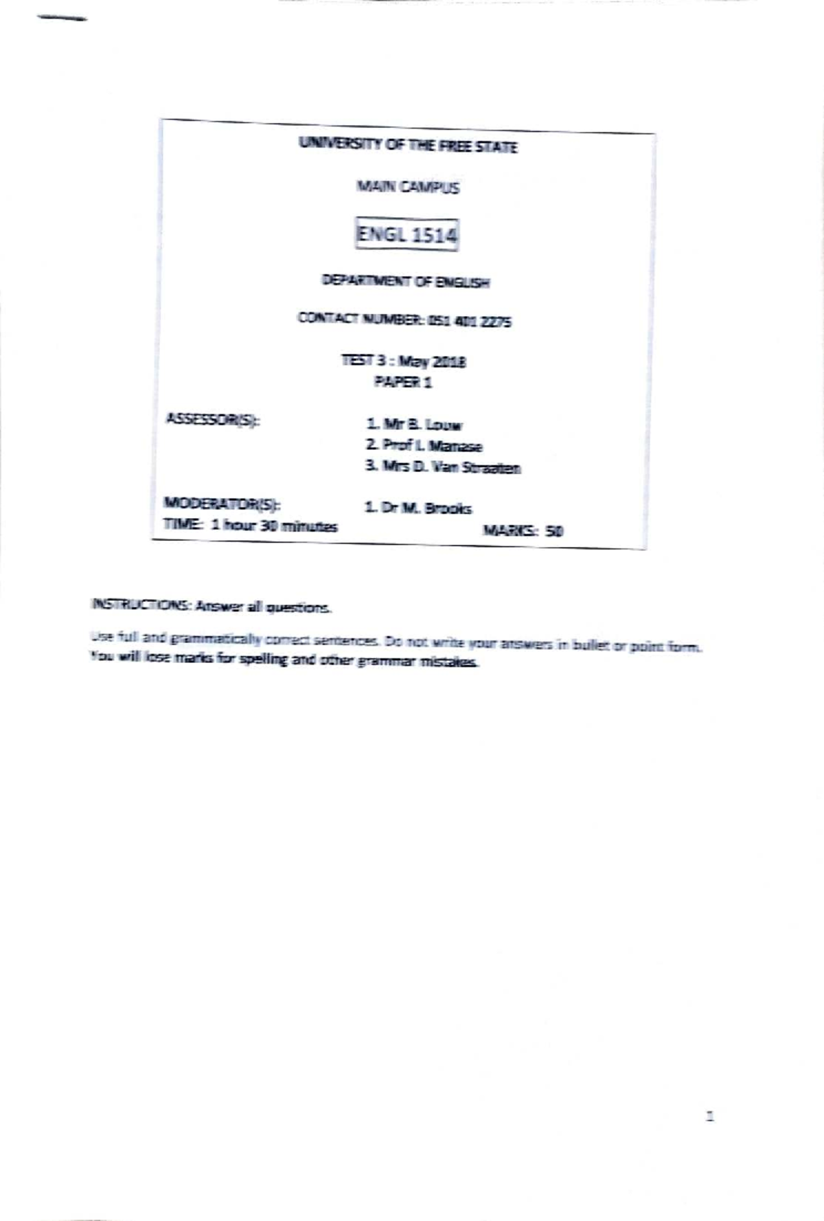 ENGL 1514 Test 3: May 2018 Past Exam Paper Analysis - Studocu