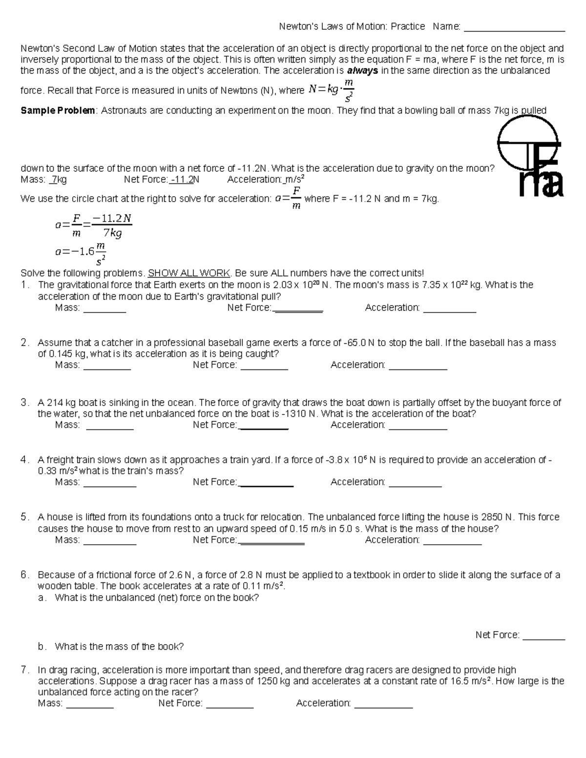 Newtons Laws of Motion Practice Worksheet: F = ma Problems - Studocu
