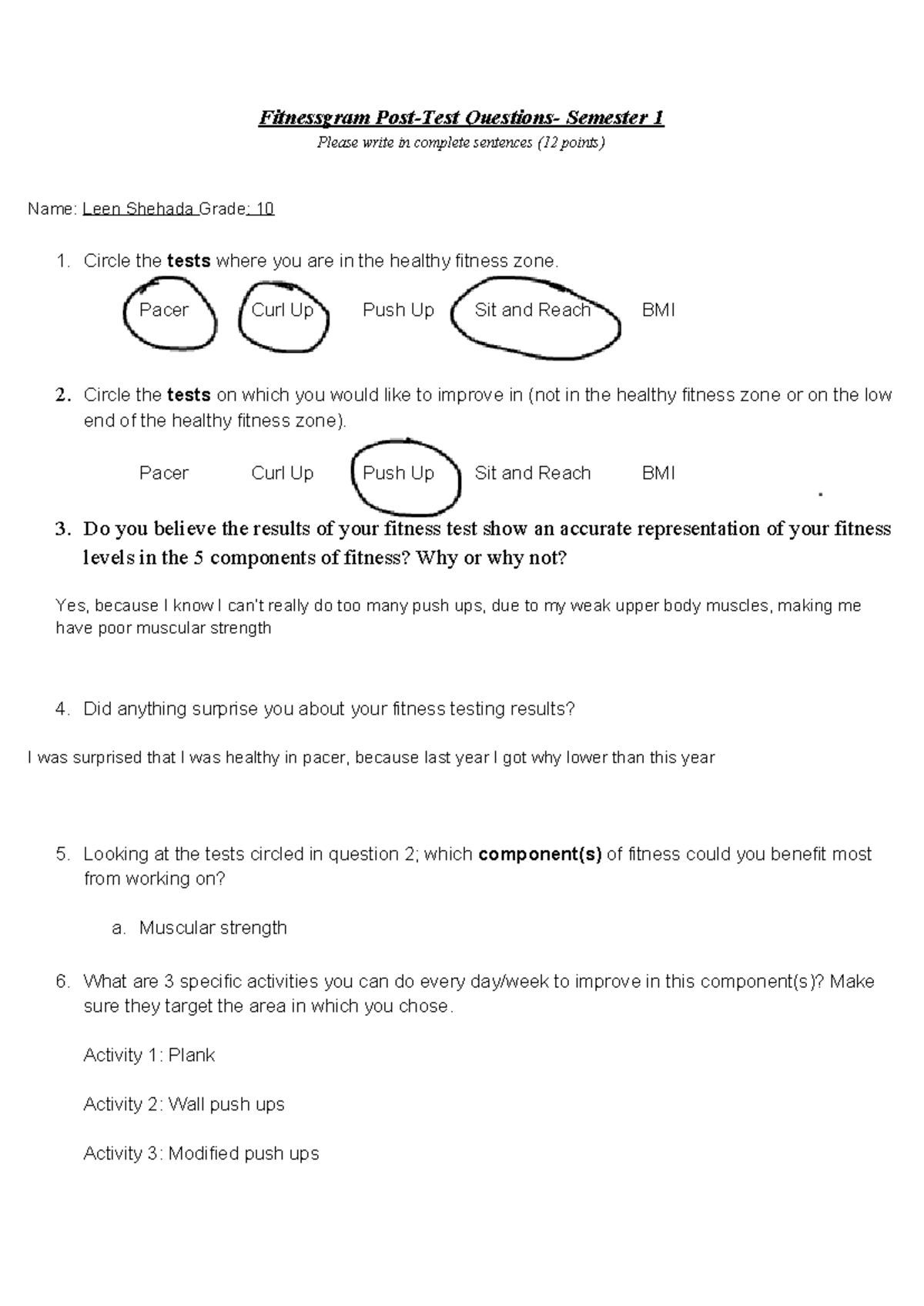 Fitnessgram Reflection - S1: Personal Fitness Assessment - Studocu