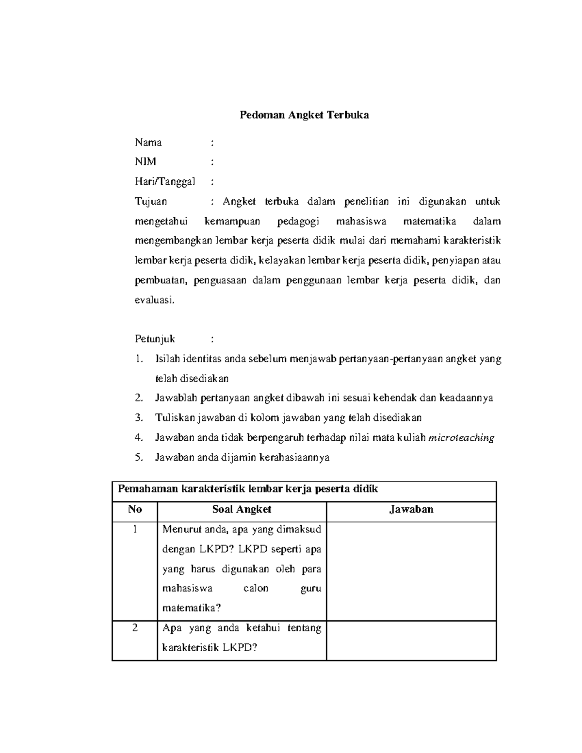 Instrumen penelitian pada pedoman angket tebuka dan dokumentasi ...
