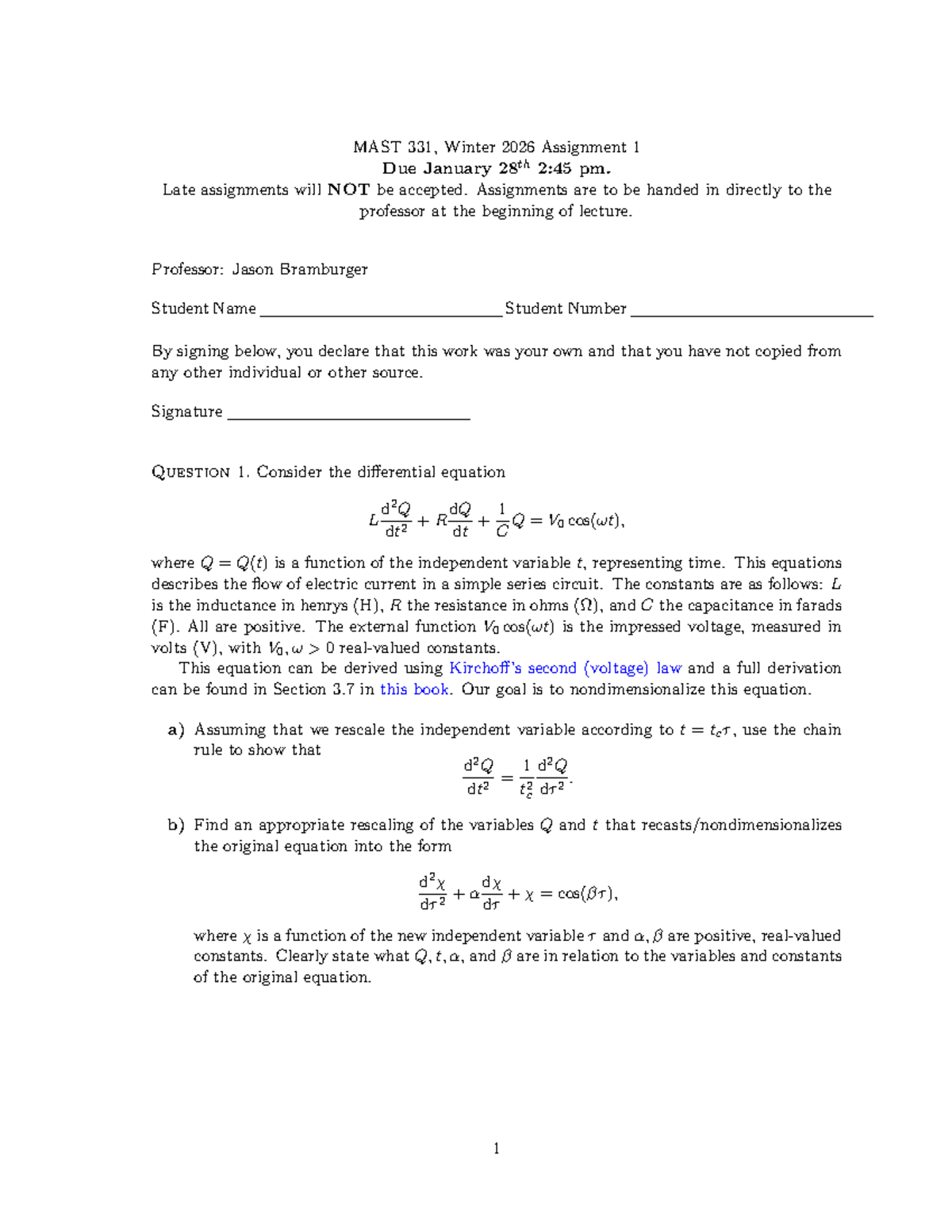 MAST 331 Winter 2026 Assignment 1: Differential Equations ...