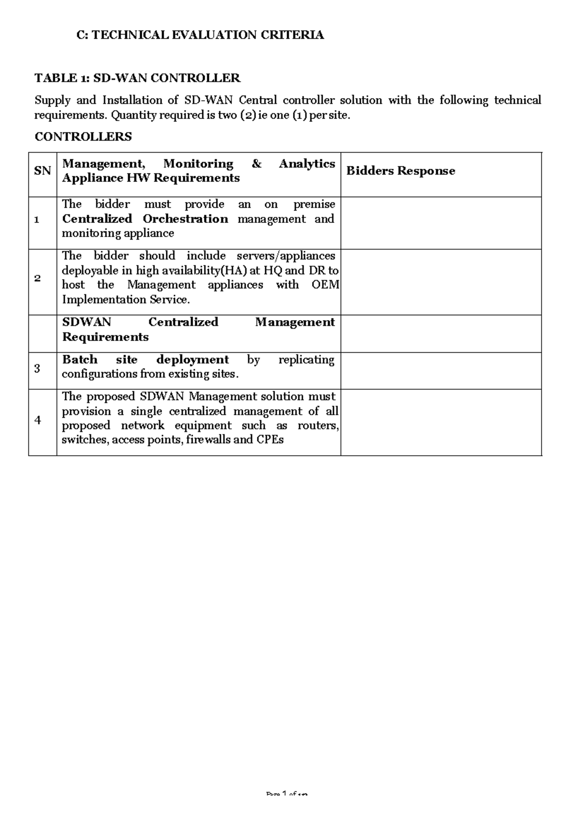 SDWAN TOR: Technical Evaluation Criteria for Central Controller ...