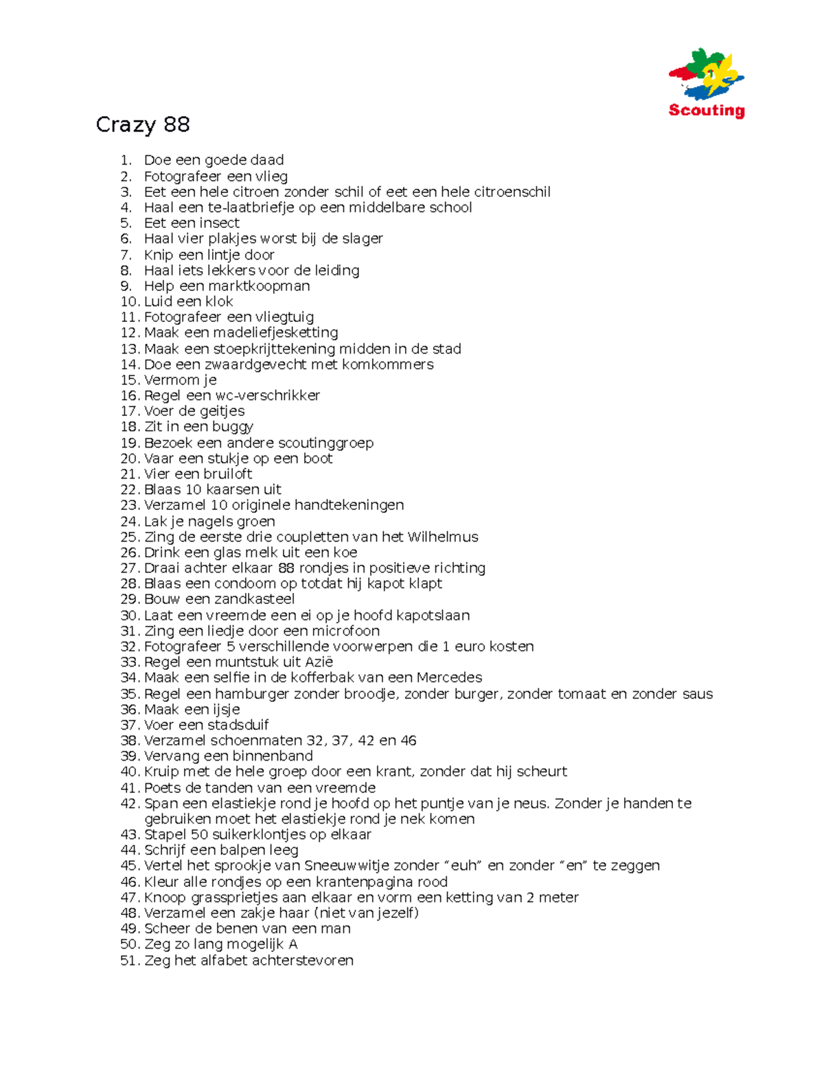 Crazy 88 lijst voor leerlingen van de middelbare school - Pedagogiek en ...