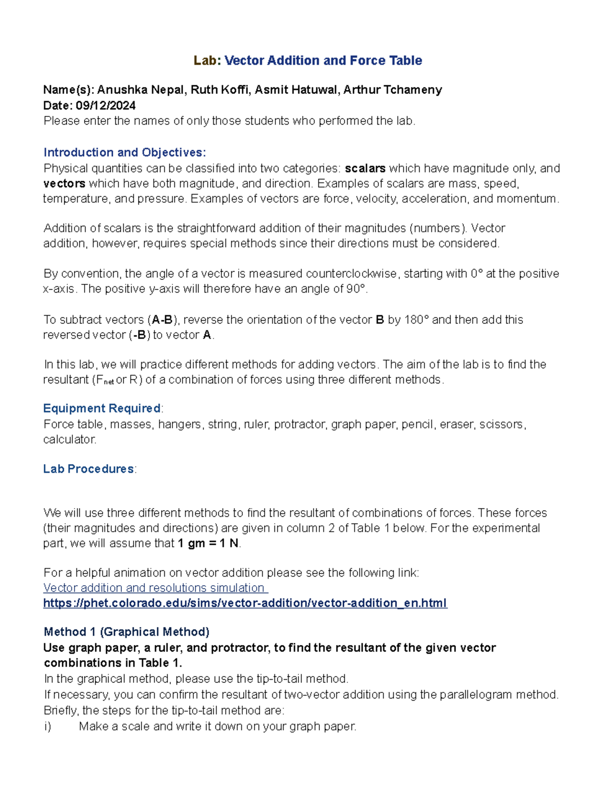 Physics 101 Lab 3: Vector Addition & Force Table Assignment - Studocu