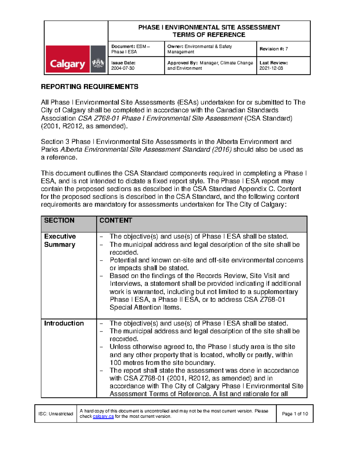 PHASE I ESA Terms of Reference for The City of Calgary - Studocu