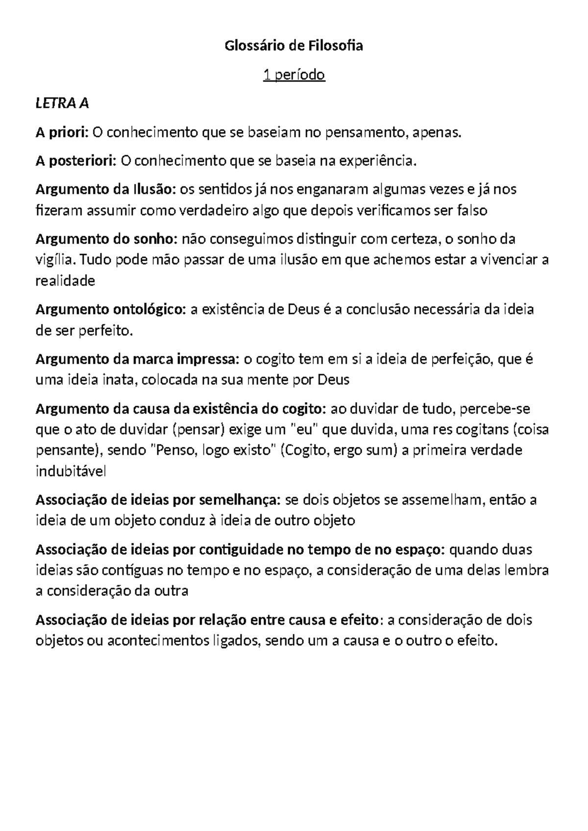 Glossário de Filosofia - 1º Período LETRA A a LETRA T - Studocu