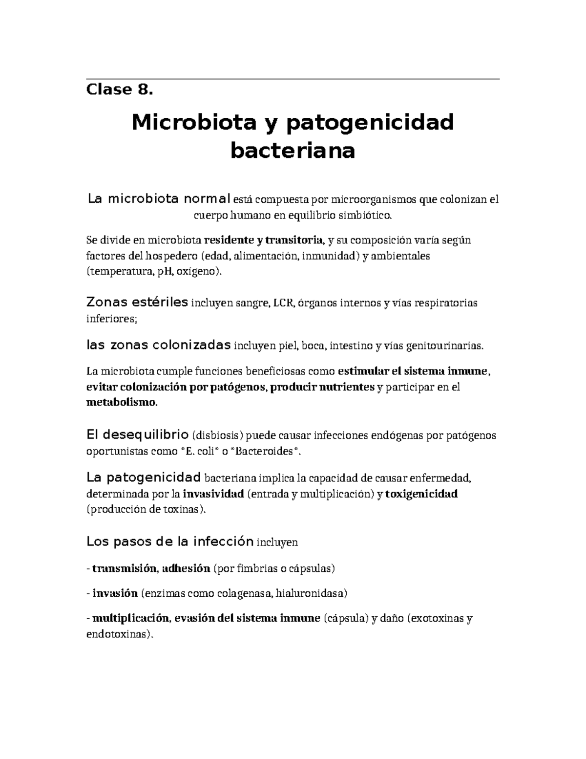 Resumen de Clase 8 y 9: Microbiota y Patogenicidad Bacteriana - Studocu