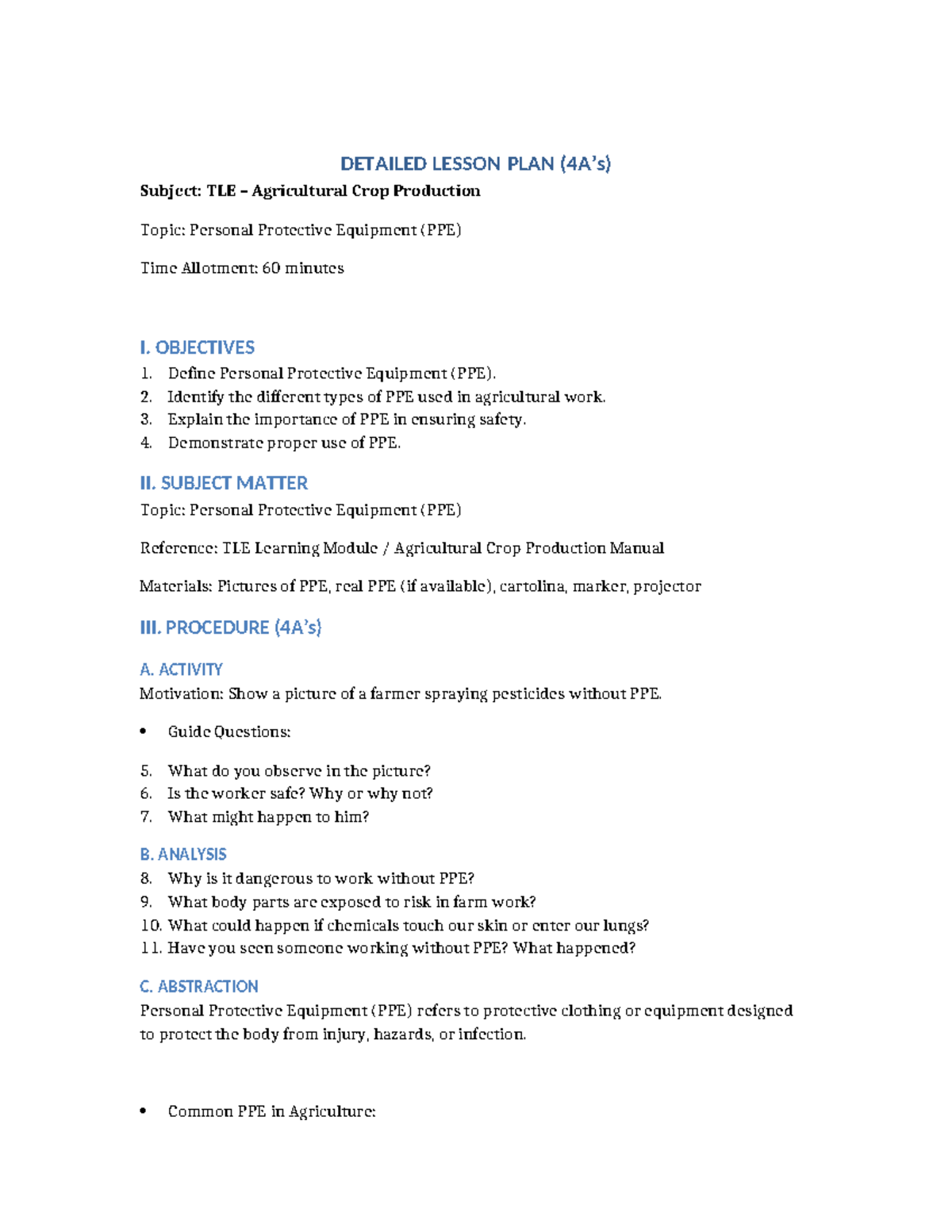 TLE 4As Lesson Plan: Personal Protective Equipment (PPE) - Studocu