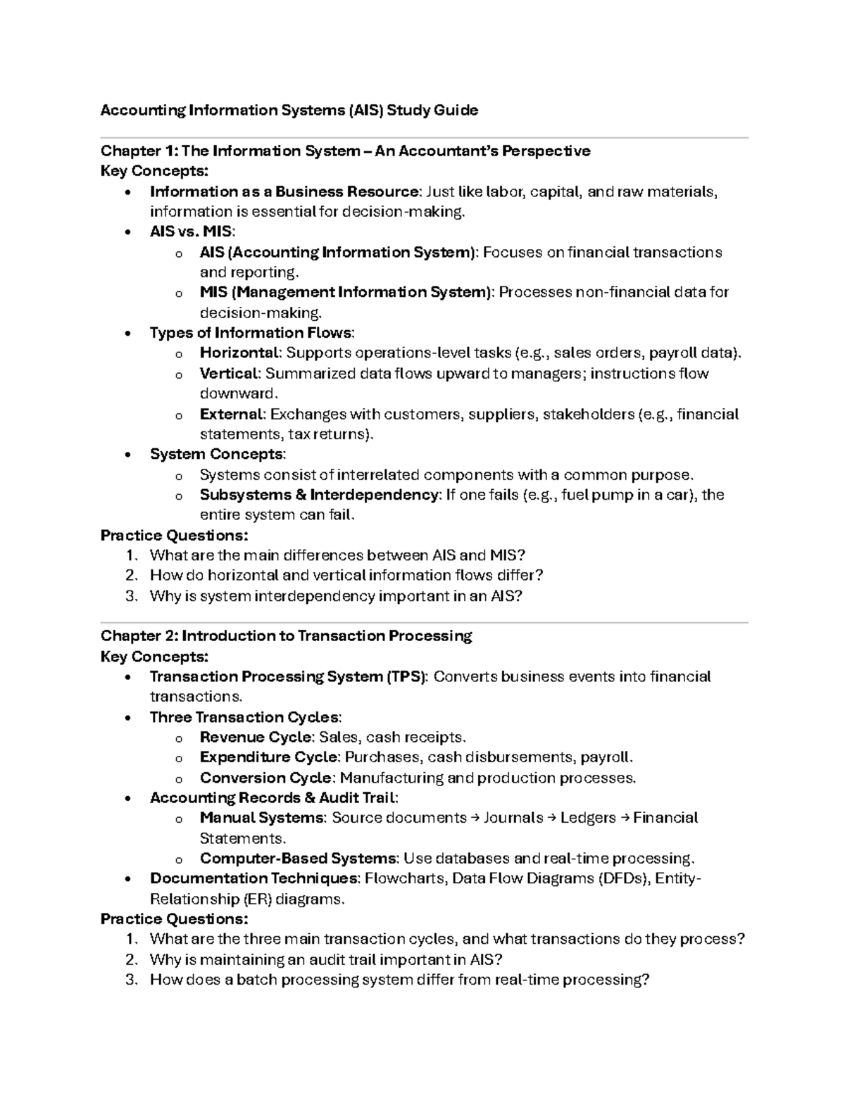 Ais Study Guide Key Concepts From Chapters 1 7 On Accounting Info