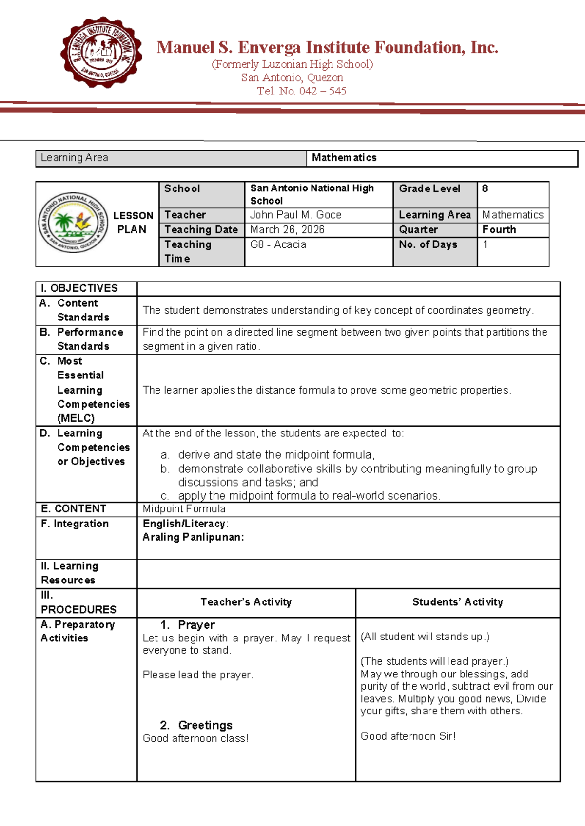 Mathematics G8 Lesson Plan: Midpoint Formula & Cartesian Plane - Studocu