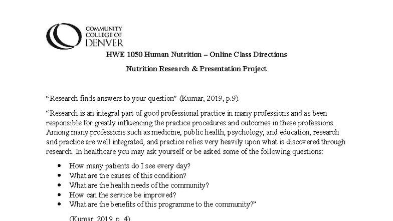 HWE 1050 Nutrition Research Presentation Project Guidelines - Studocu