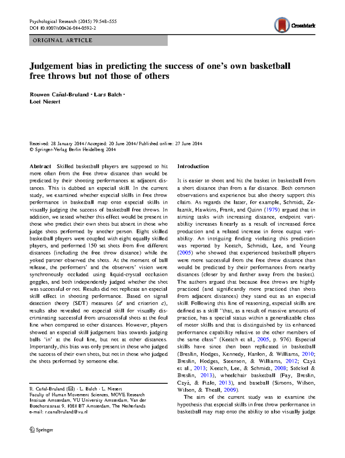 Judgement Bias in Free Throw Success Prediction: Self vs. Others - O R ...