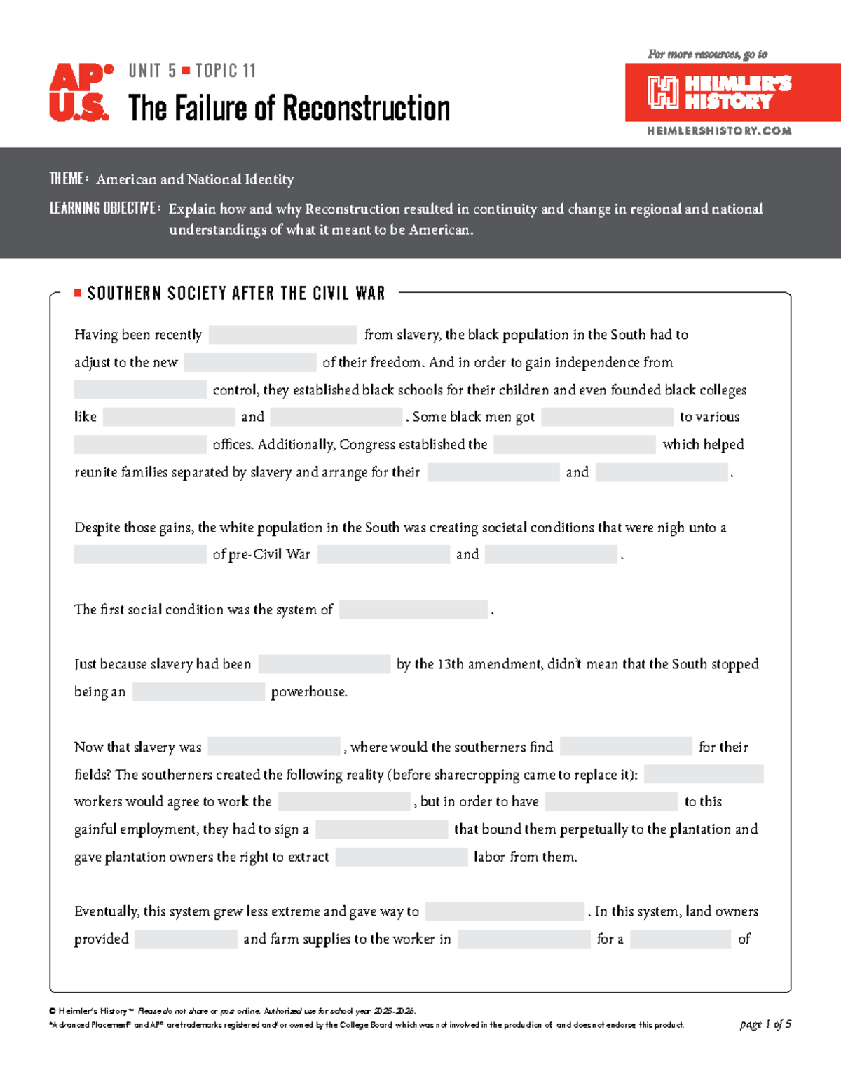 APUSH 5.11 Unit 5 Topic 11: The Failure of Reconstruction Notes - Studocu