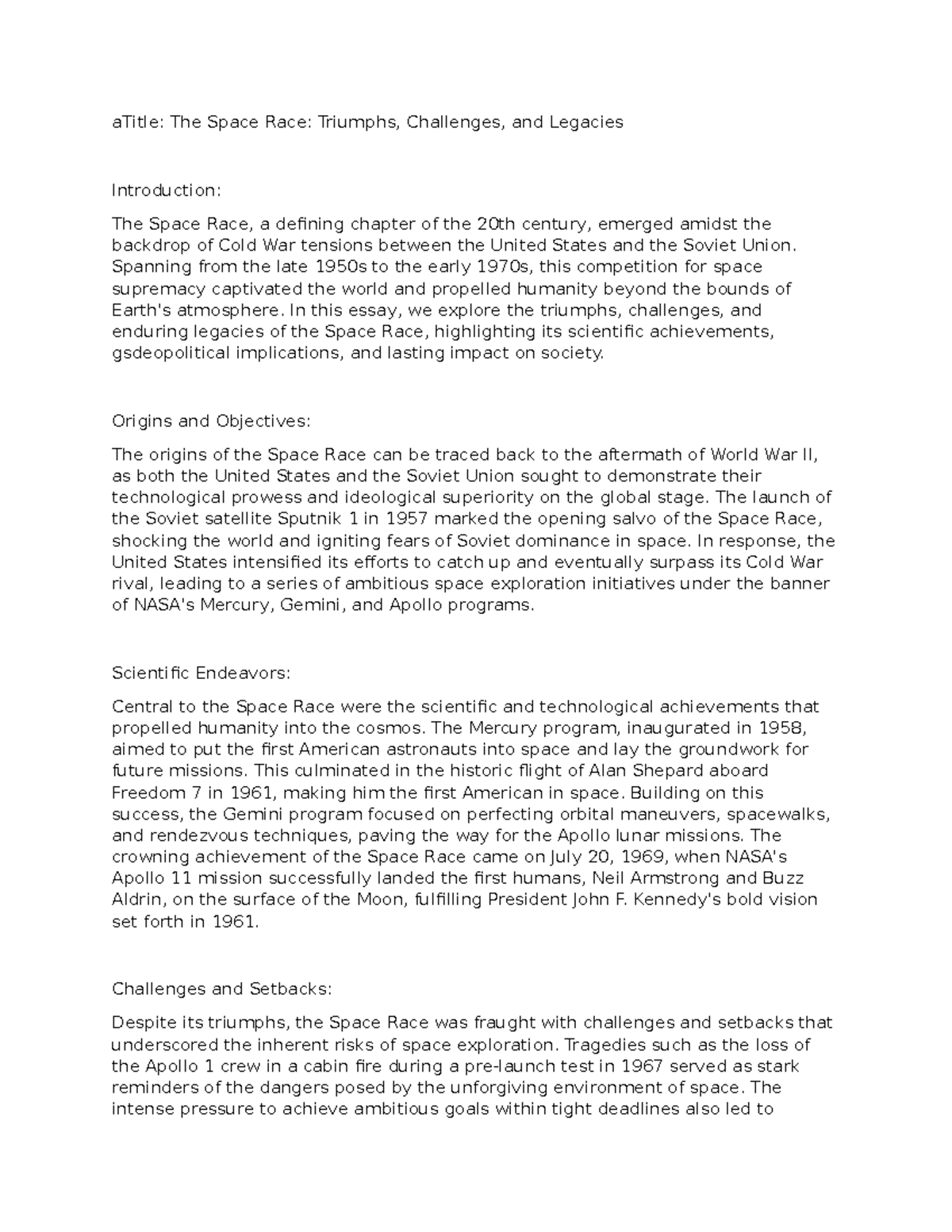 Theory 4 - text - aTitle: The Space Race: Triumphs, Challenges, and ...