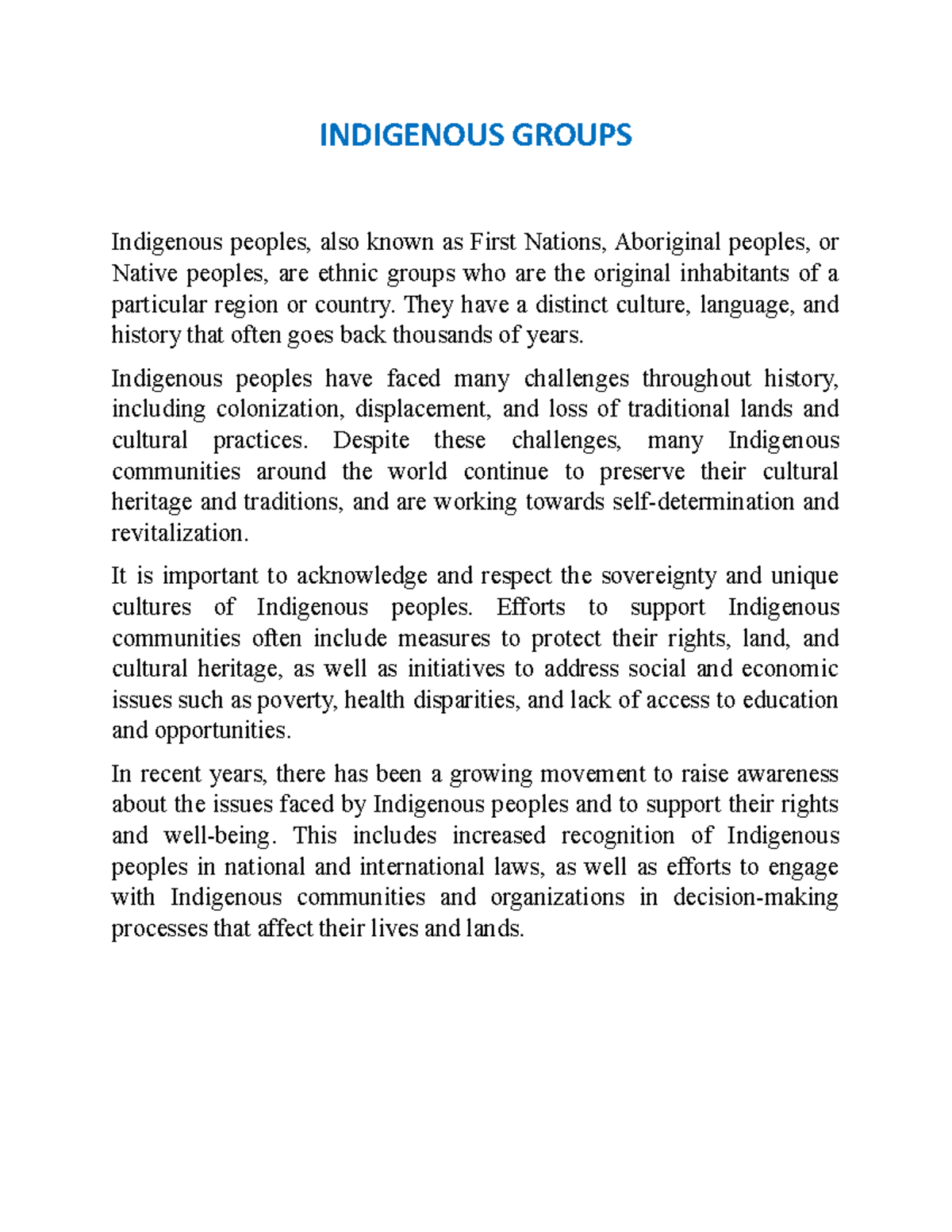 Indigenous Groups - INDIGENOUS GROUPS Indigenous peoples, also known as ...