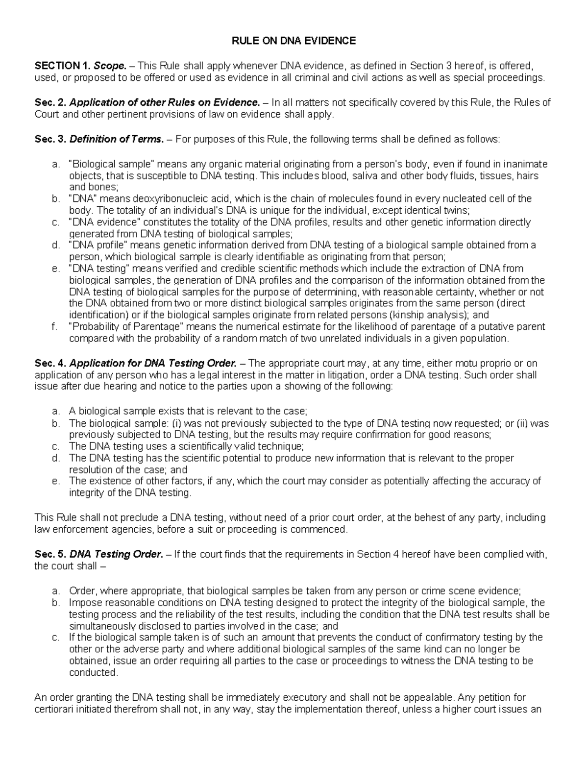 RULE ON DNA EVIDENCE: Scope, Application, and Testing Procedures - Studocu